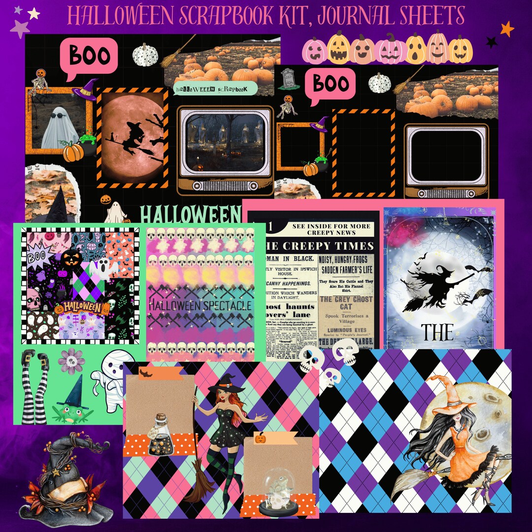 Printable Halloween Scrapbook Kit, Journal Pages, Collage Sheets, PNG ...