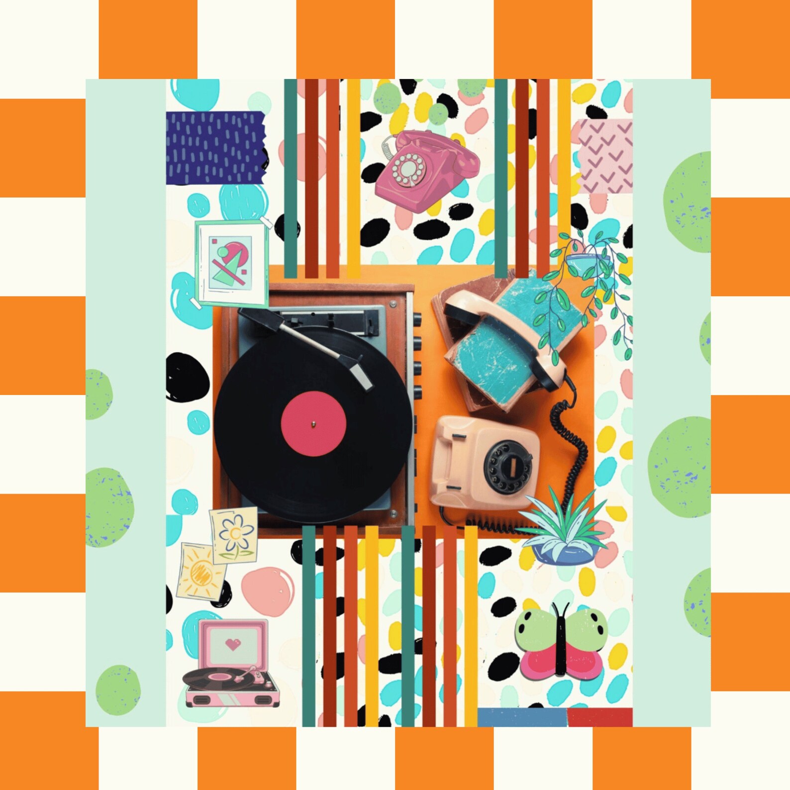 Retro Collage Sheet, Digital Print, Record Player Background, DIY Craft ...