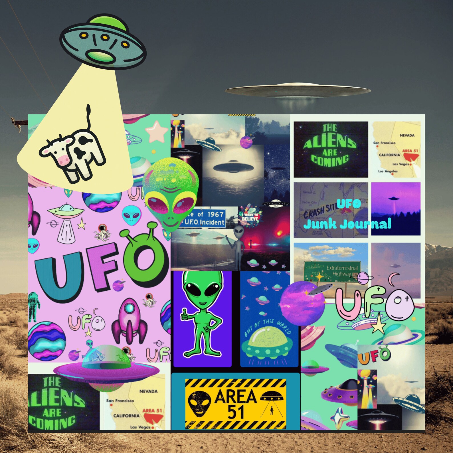 Printable UFO Junk Journal, Collage Sheets, Digital Download, DIY Craft ...