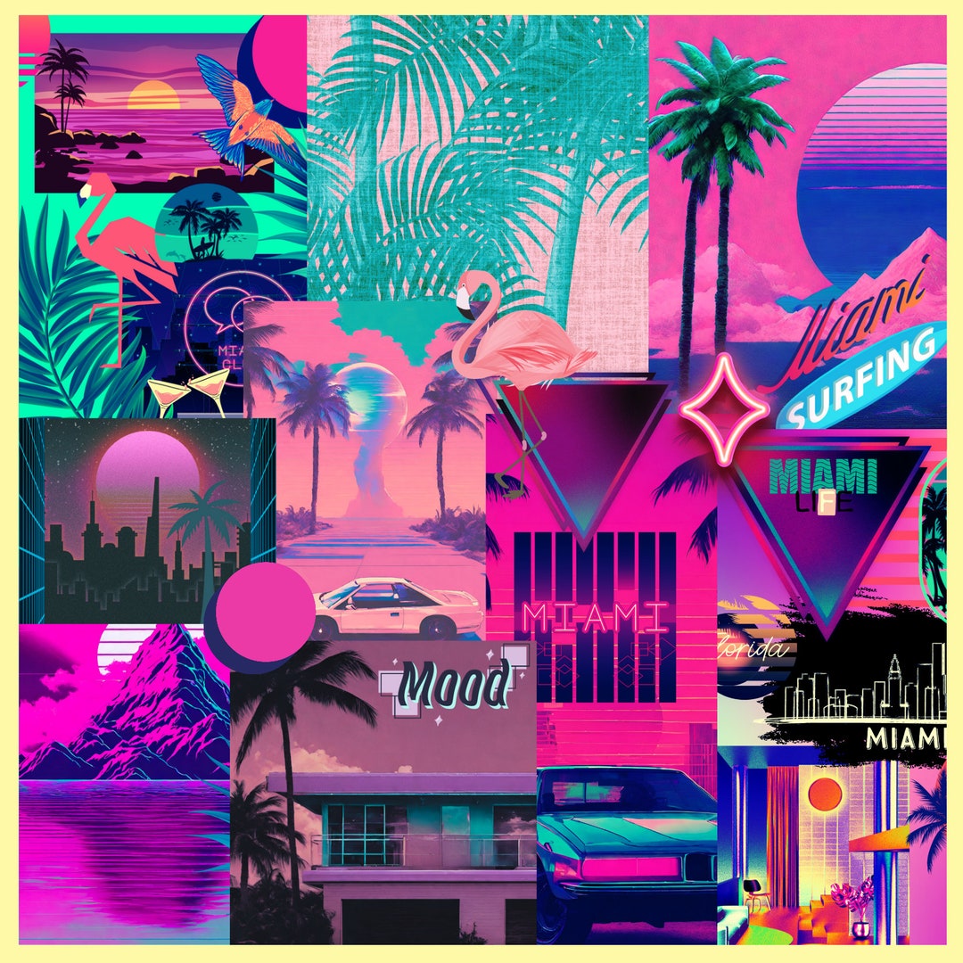 Miami Background Prints, Digital Paper, Vaporwave, Retro 80s, PNG ...