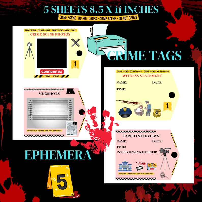 Crime Tags, Evidence Labels, Junk Journal, Ephemera, PNG, Digital ...