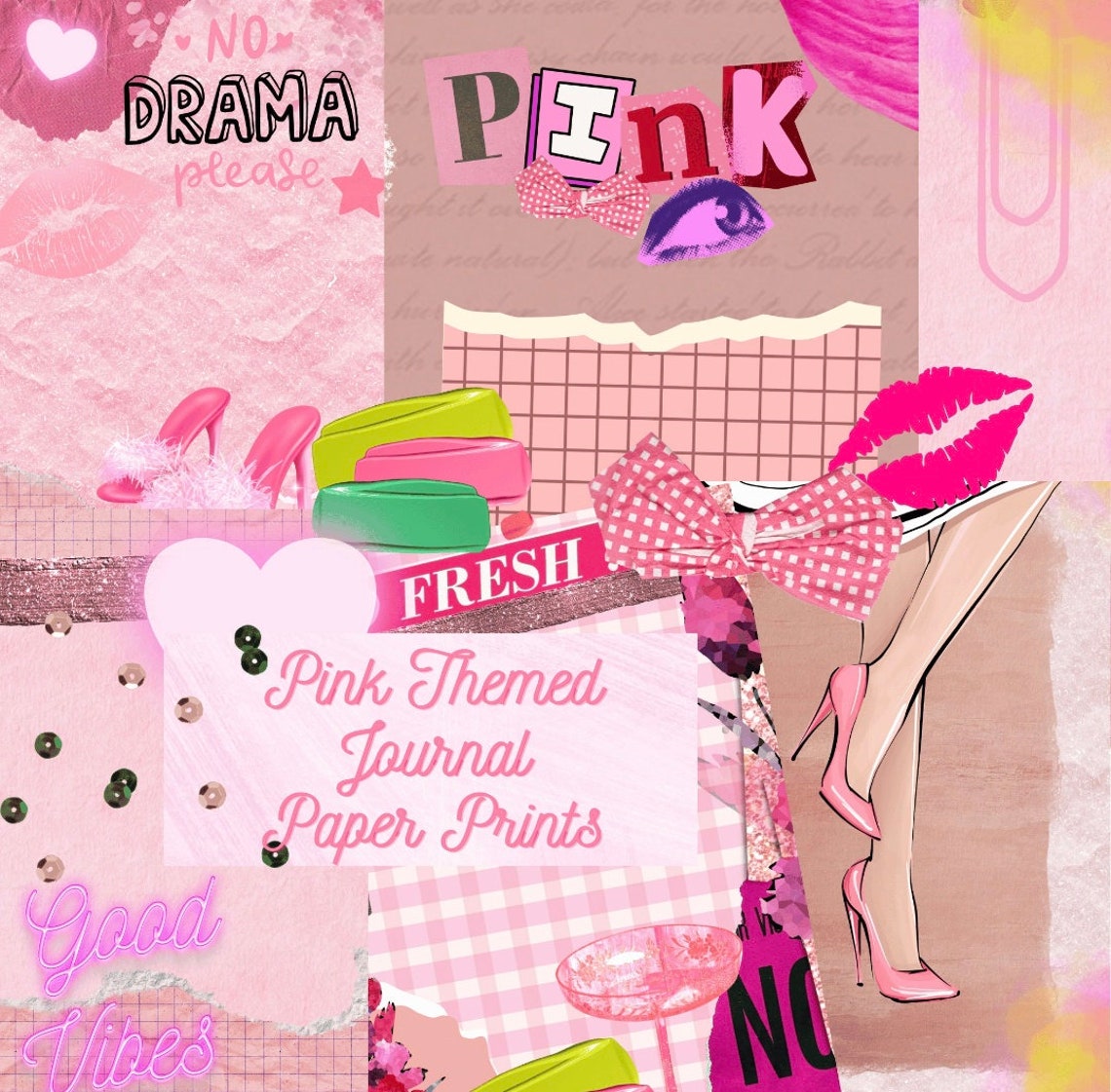 Pink Journal Papers, Digital Prints, Pink Collage, Scrapbooking ...