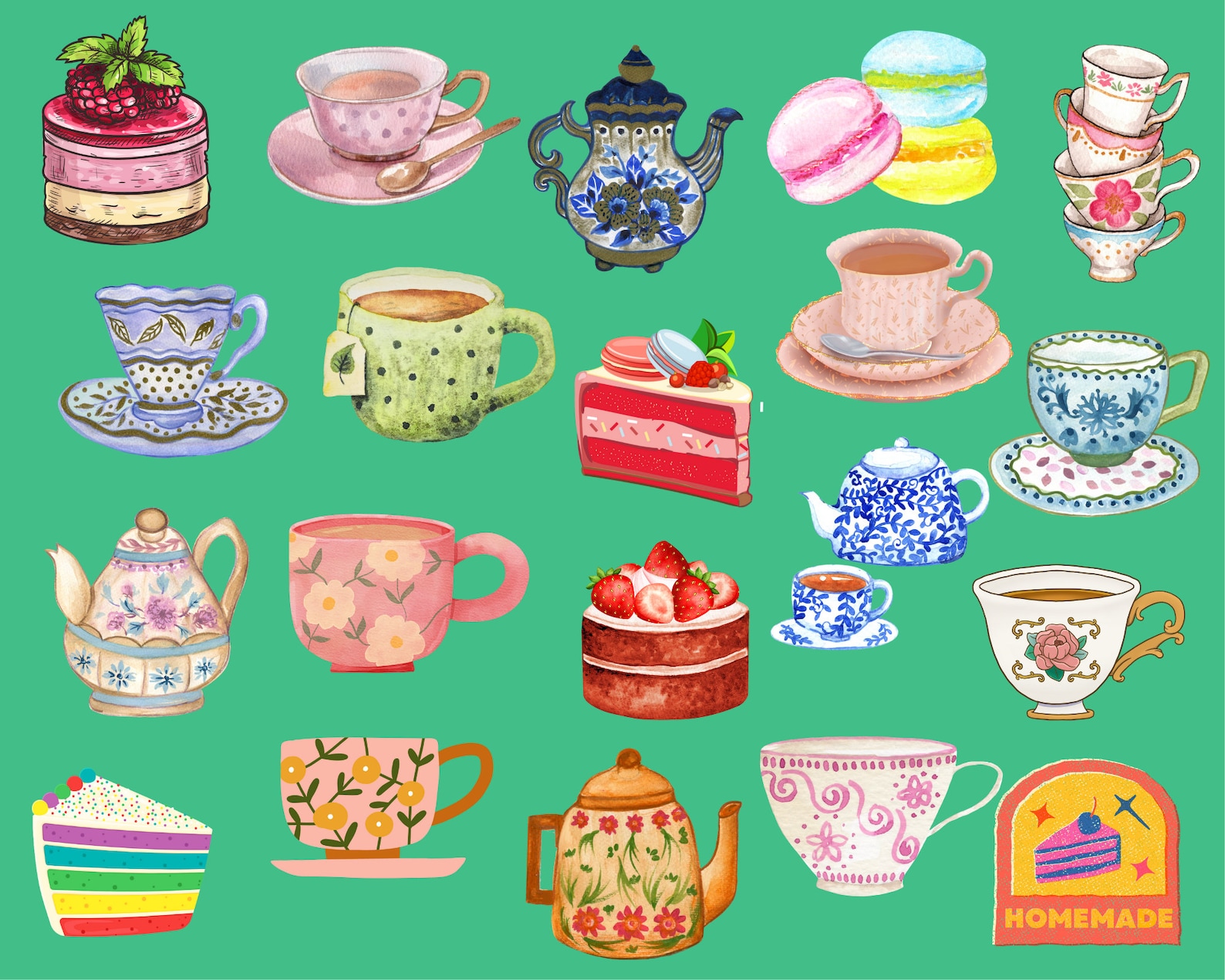 Tea and Cake Clip Art Set Teacups Teapots Tea Room Cake - Etsy