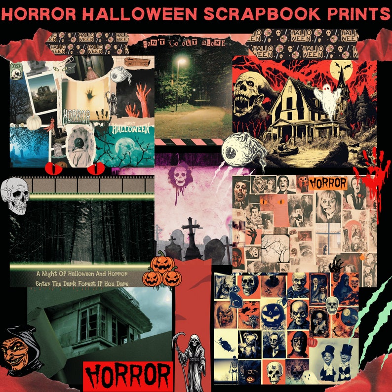 Printable Horror Halloween Scrapbook Kit, Junk Journal, Backgrounds ...