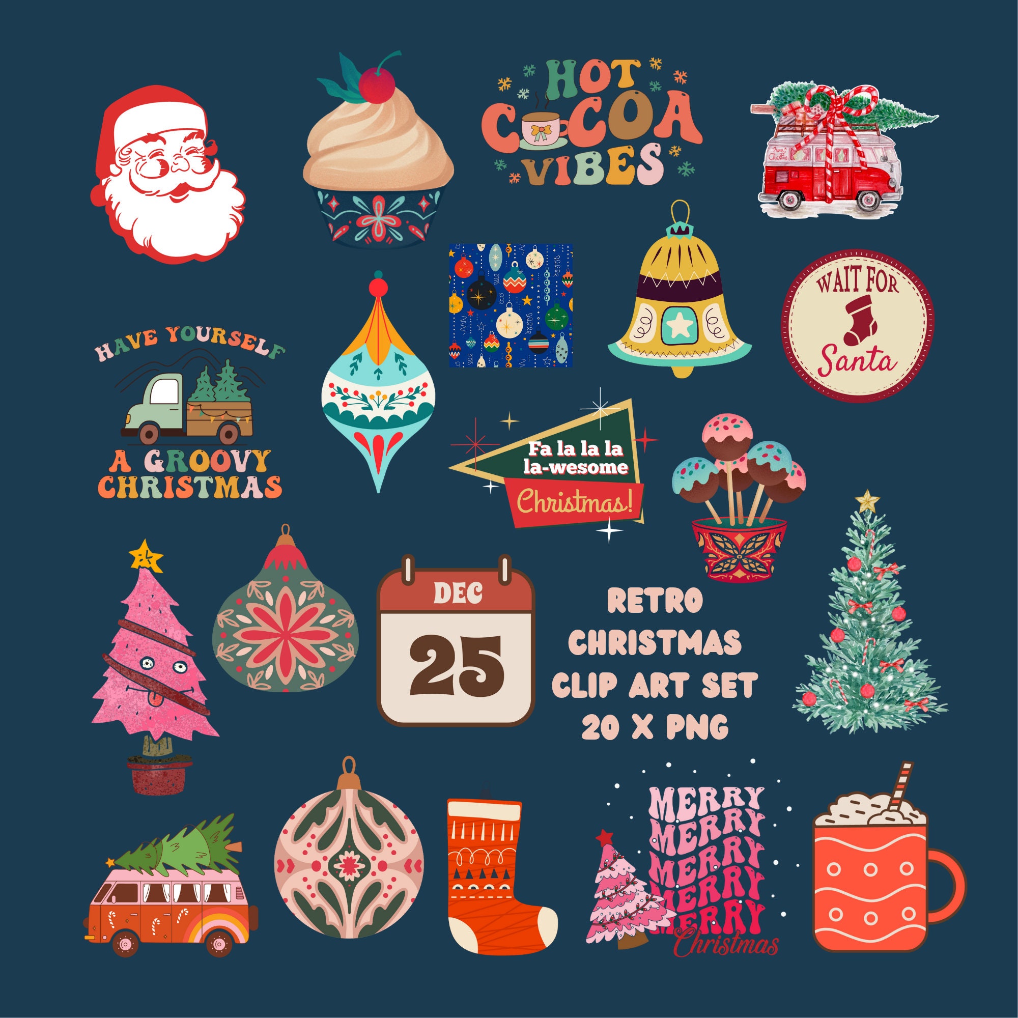 Retro Christmas Clip Art Set, Vintage Christmas, Holiday Decor, Collage ...