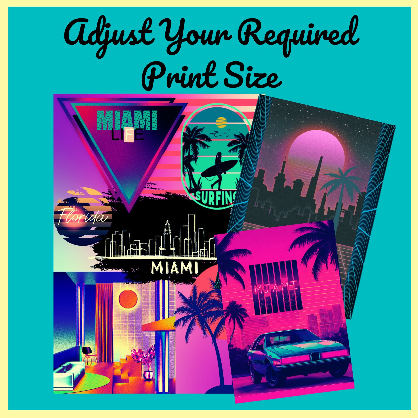 Miami Background Prints, Digital Paper, Vaporwave, Retro 80s, PNG ...