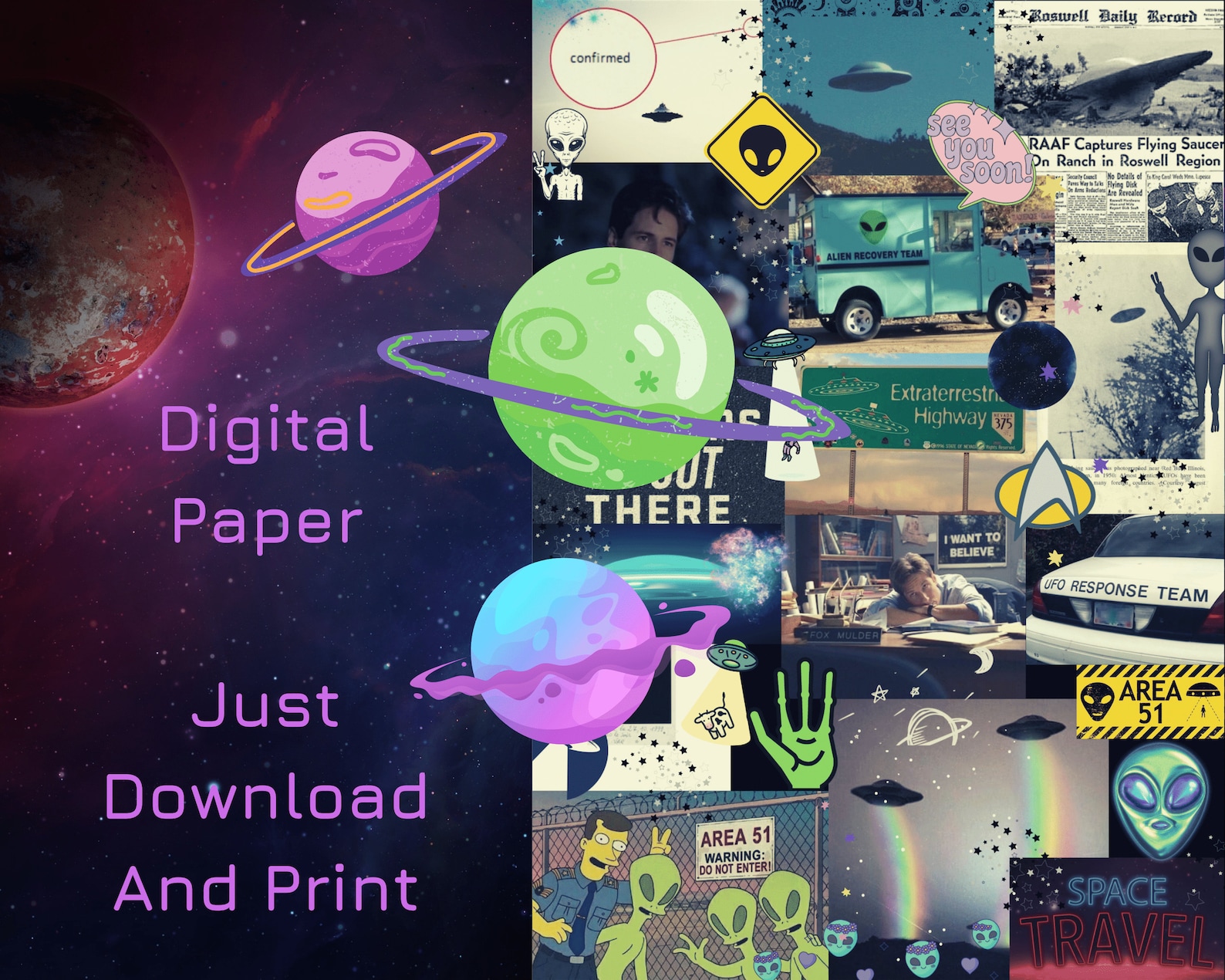 UFO Printable Scrapbook Paper, Alien Collage Sheet, Digital Scrapbook ...