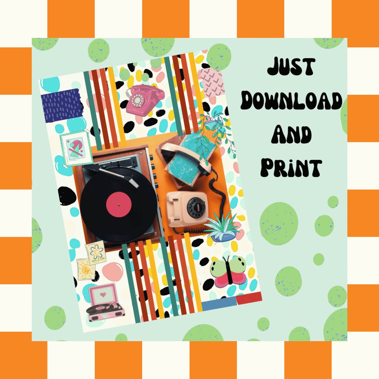 Retro Collage Sheet, Digital Print, Record Player Background, DIY Craft ...