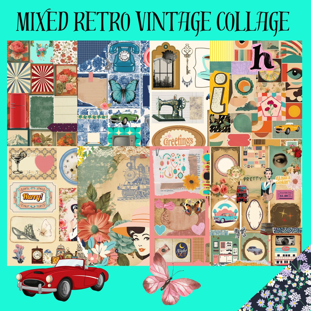 Printable Retro Vintage Collage Sheets, PNG Prints, Ephemera ...