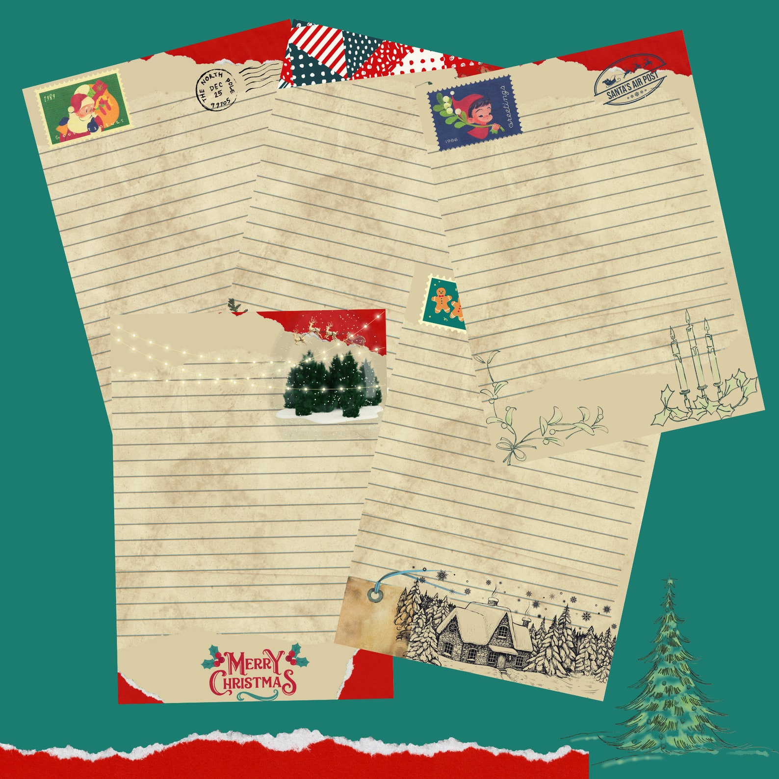 Christmas Stationery Set, Digital Paper, Letter Writing, Printable DIY ...