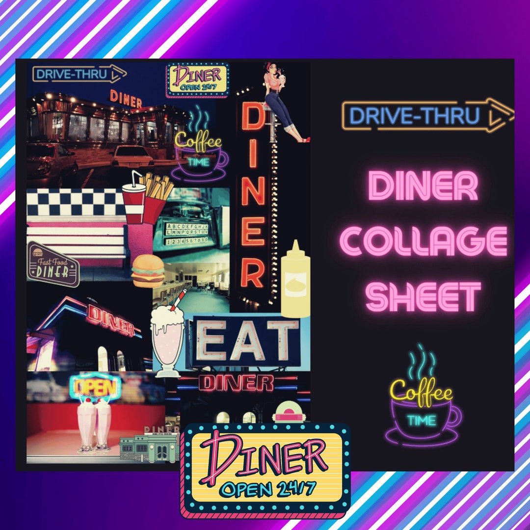 Diner Print, Collage Sheet, DIY Craft, Digital Print, PNG, Background ...