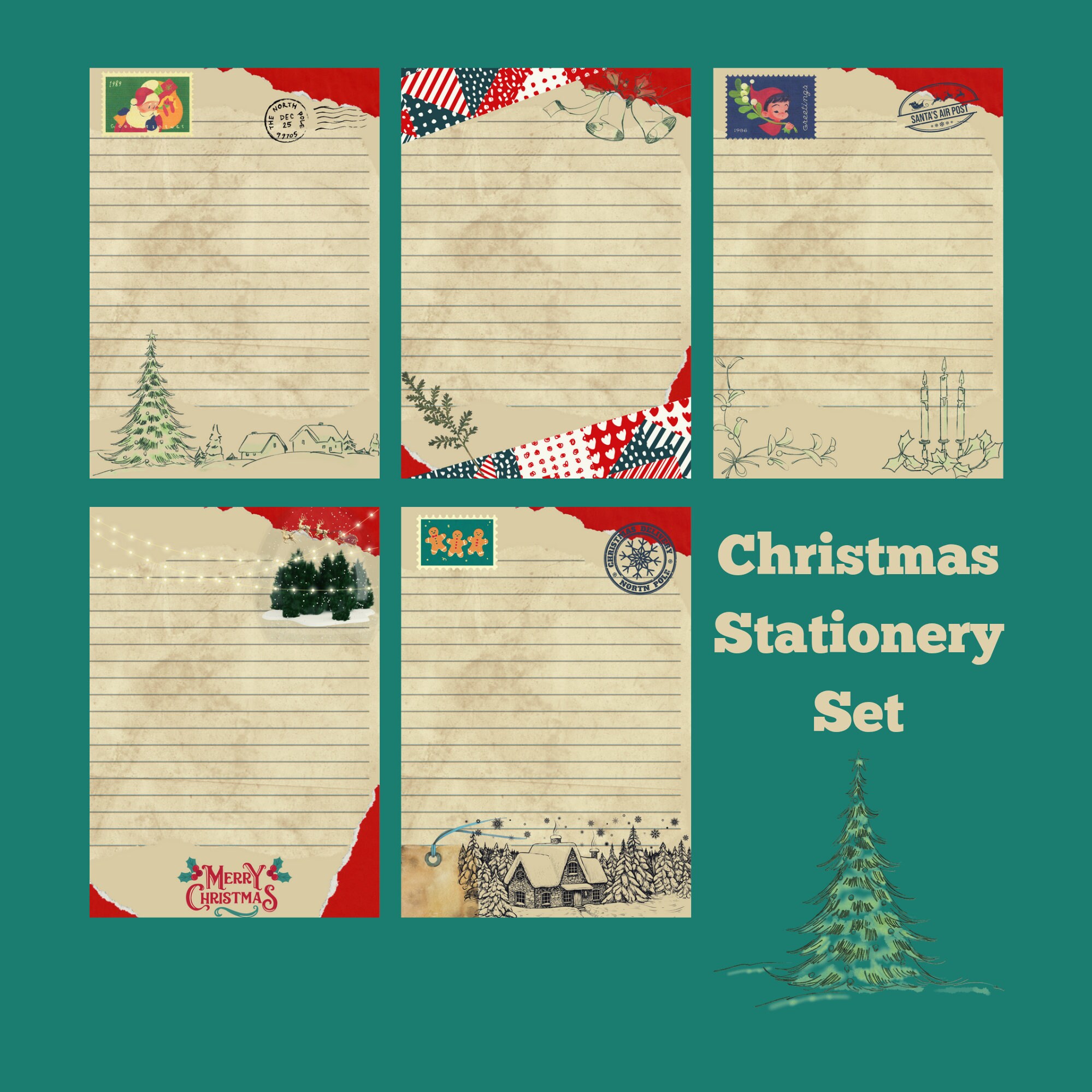 Christmas Stationery Set, Digital Paper, Letter Writing, Printable DIY ...