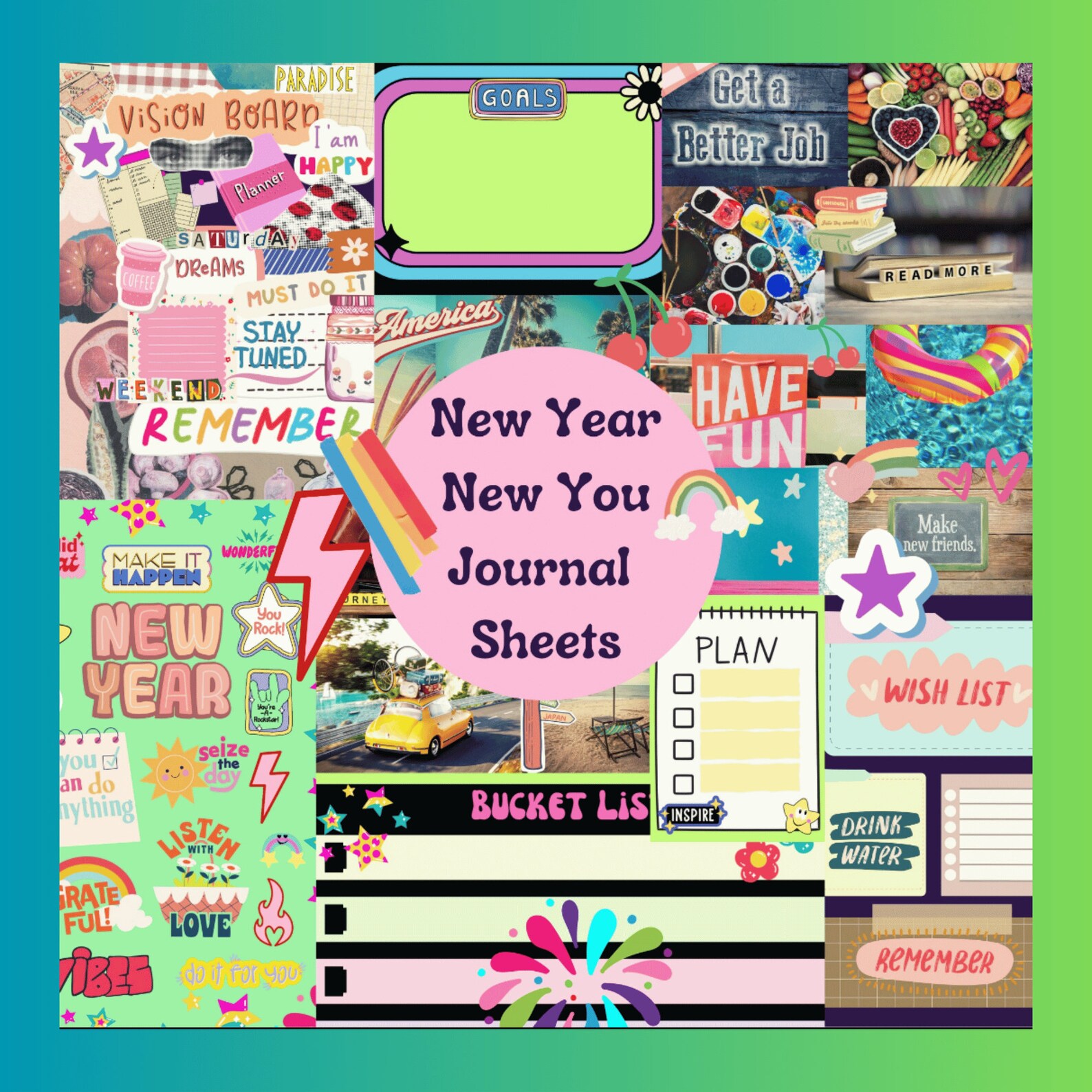 New You Prints, Junk Journal Pages, Collage, Digital Paper, Retro Style ...