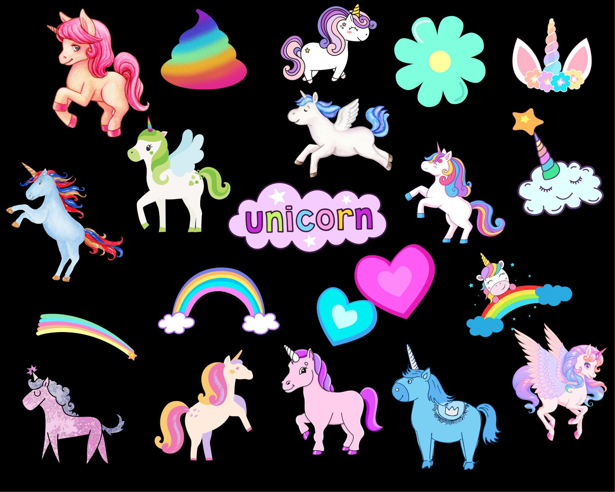 Unicorn Clipart, Unicorn Image File Set, Rainbows, Multicoloured Pastel ...