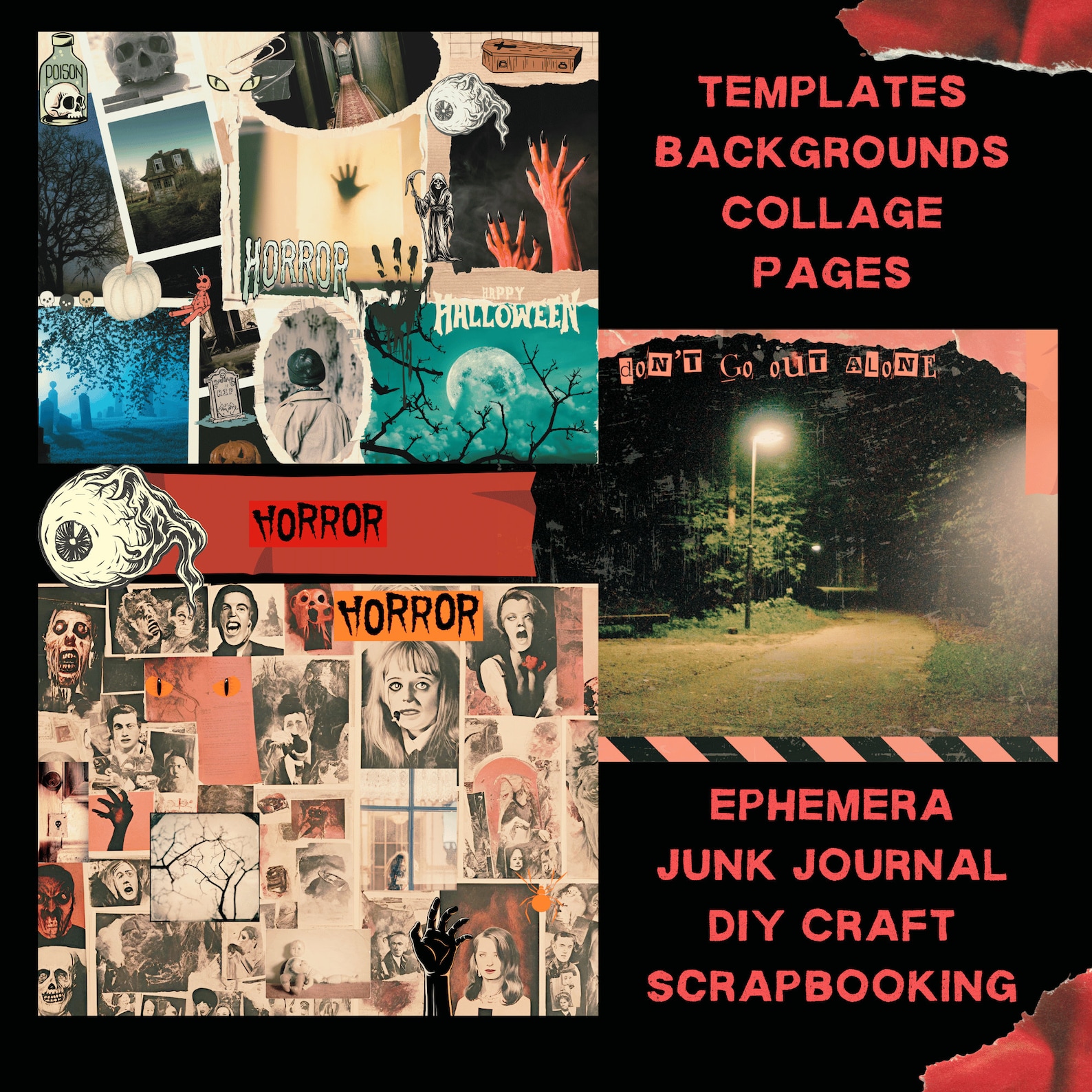 Printable Horror Halloween Scrapbook Kit, Junk Journal, Backgrounds ...