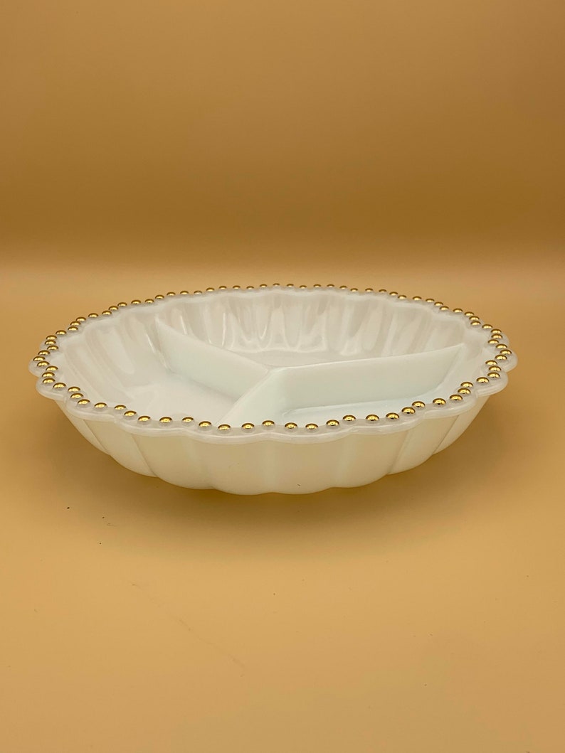 Vintage 10 Inch White Milk 3 Section Candy/nut, Tray/dish With Gold ...