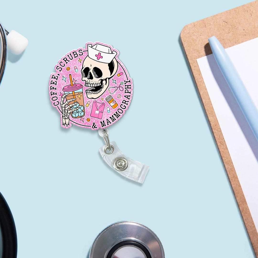Coffee, Scrubs and Mammography Badge Reel, Mammographer Technologist ...