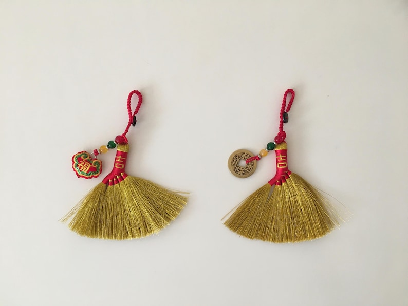 Handmade Chinese Five Emperors Coin & Mini Broom Pendant - Lucky Charm ...