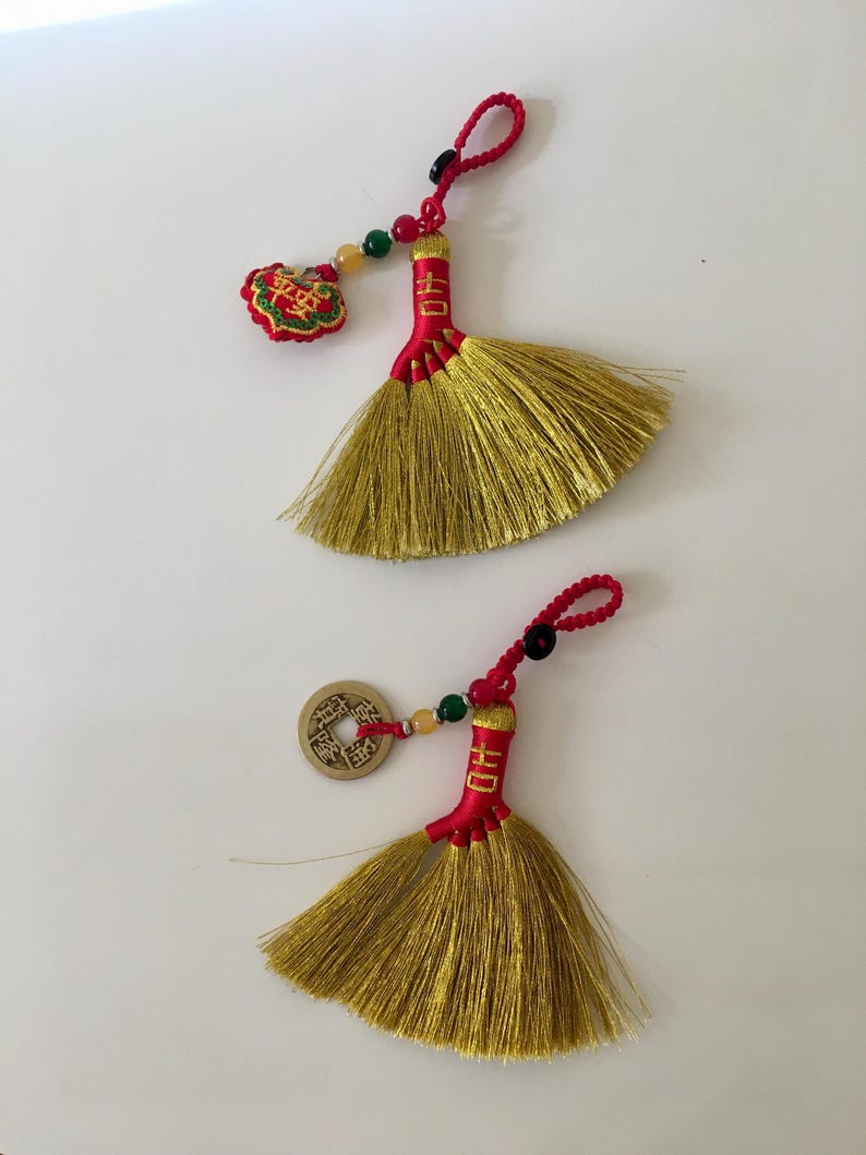 Handmade Chinese Five Emperors Coin & Mini Broom Pendant - Lucky Charm ...