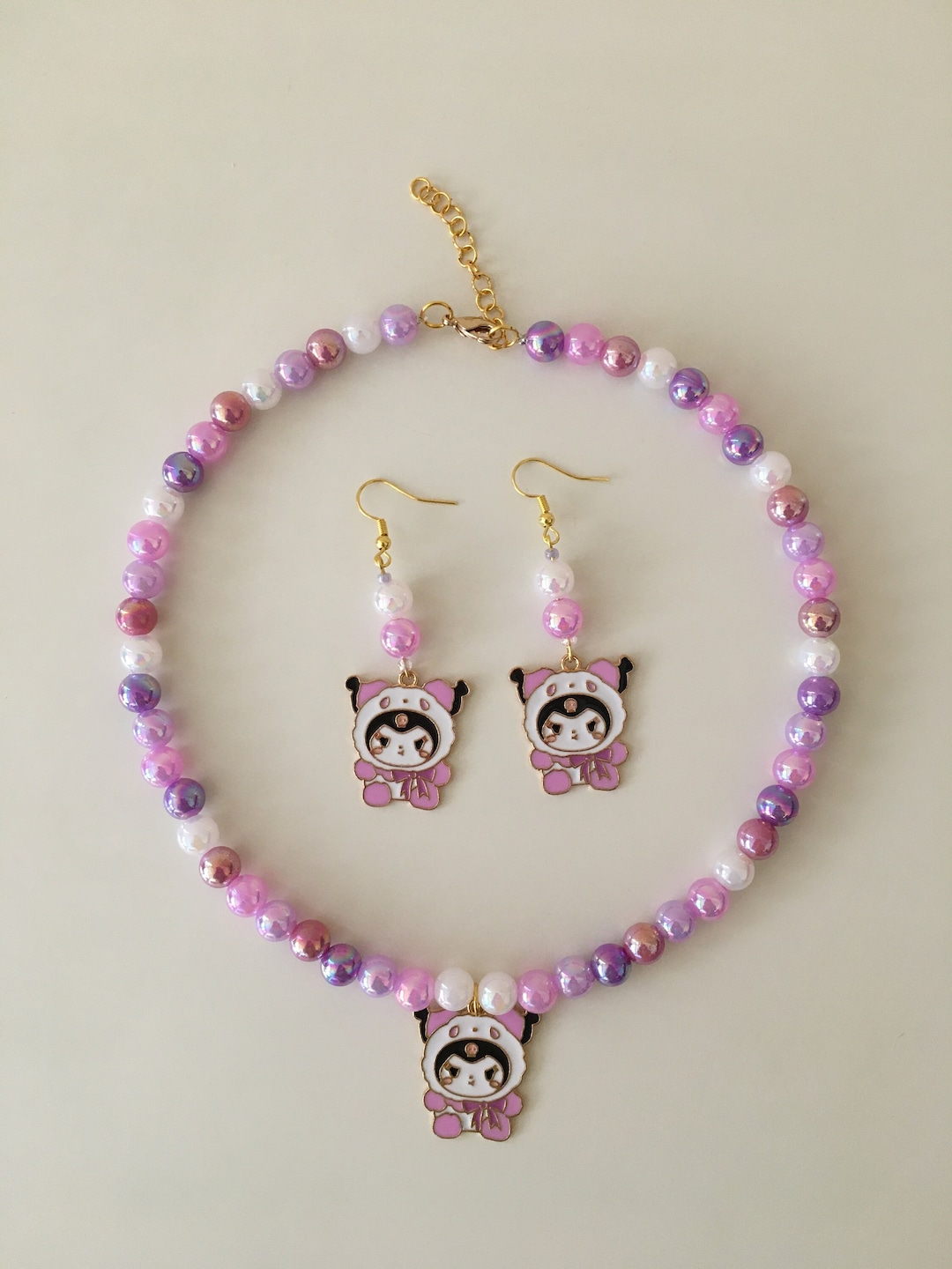 Cute Kawaii Kuromi Inspired Dangle Earrings Set, Anime Beaded Necklace ...