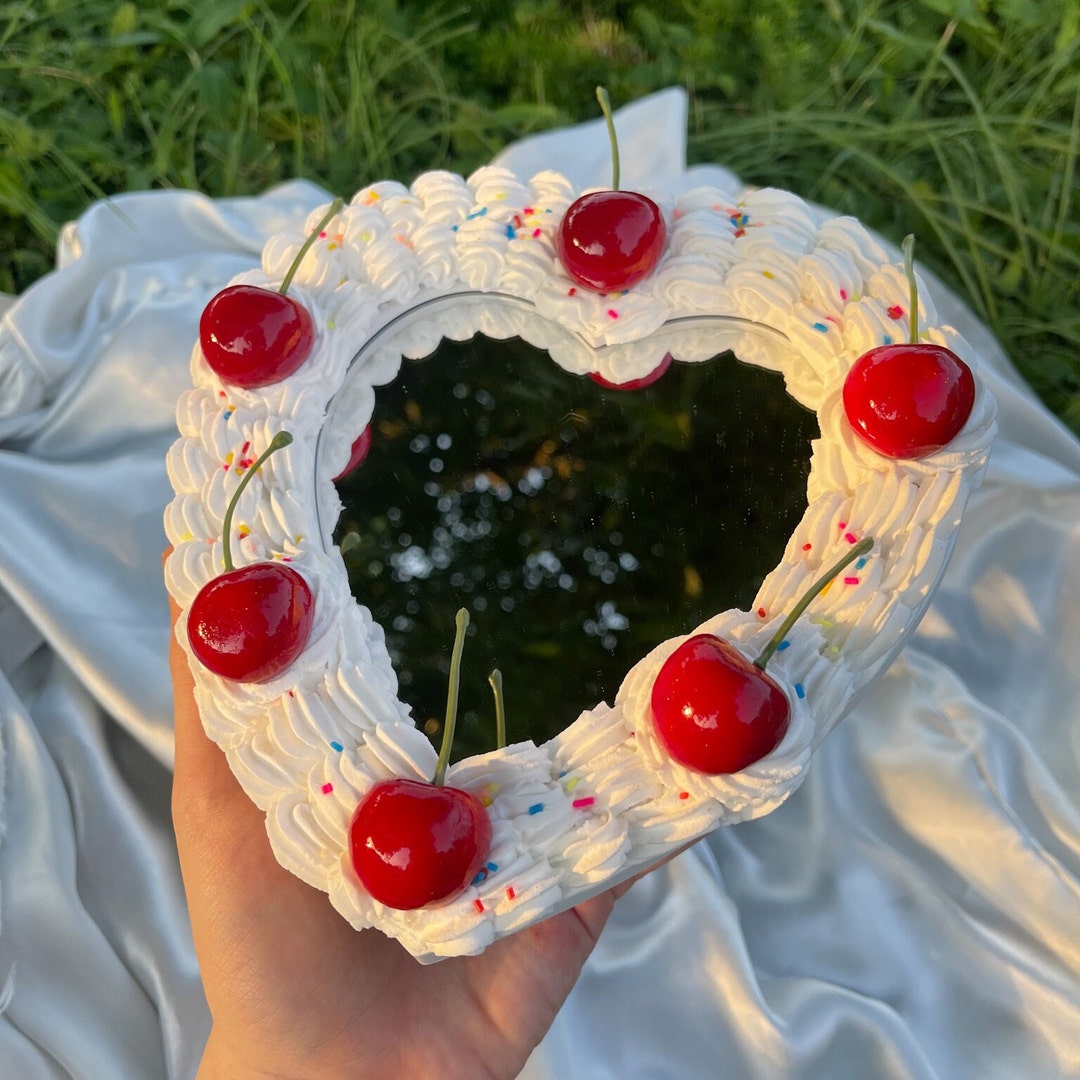 Heart Fake Cake Sprinkle Cherry Mirror - White Hangable Desktop Kawaii ...