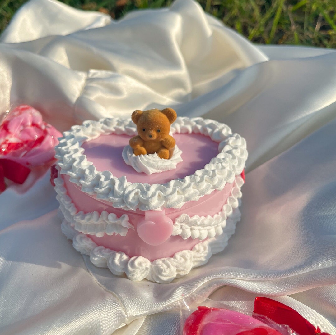 Bear Fake Cake Box - Pink Heart Shaped - Vintage Decor Faux Prop ...