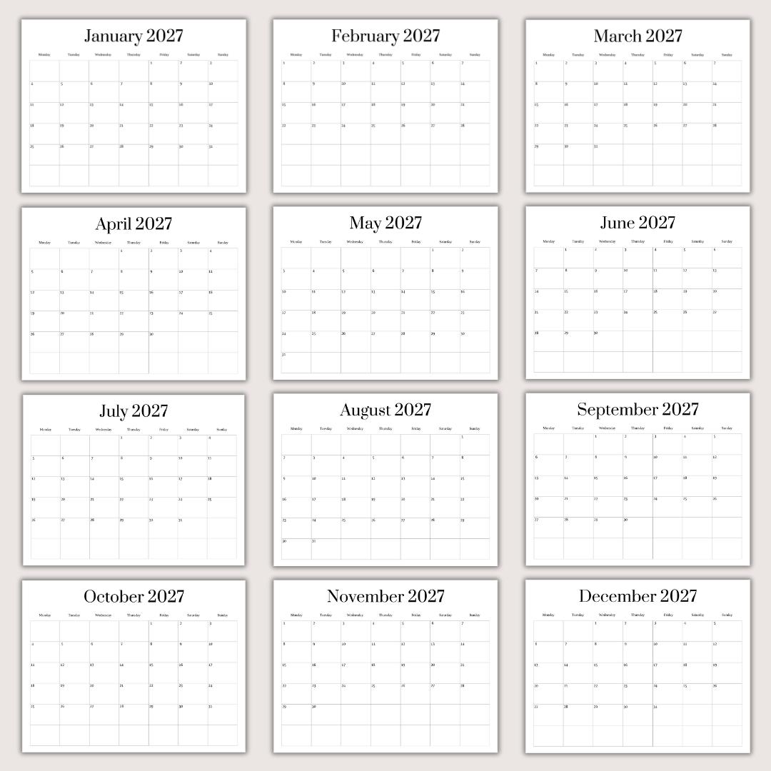 Simple Calendar Template | 2027 Calendar | 12 Month Calendar ...
