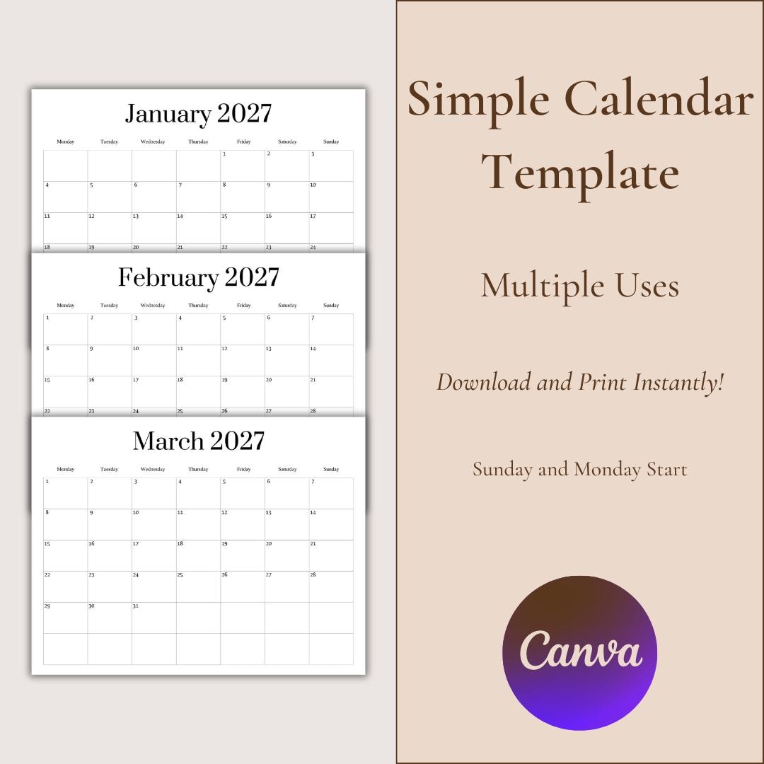 Simple Calendar Template | 2027 Calendar | 12 Month Calendar ...