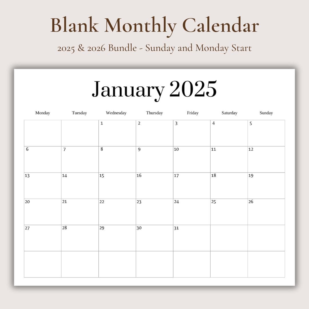 2025 and 2026 Blank Monthly Calendar Bundle | Simple Font Calendar ...