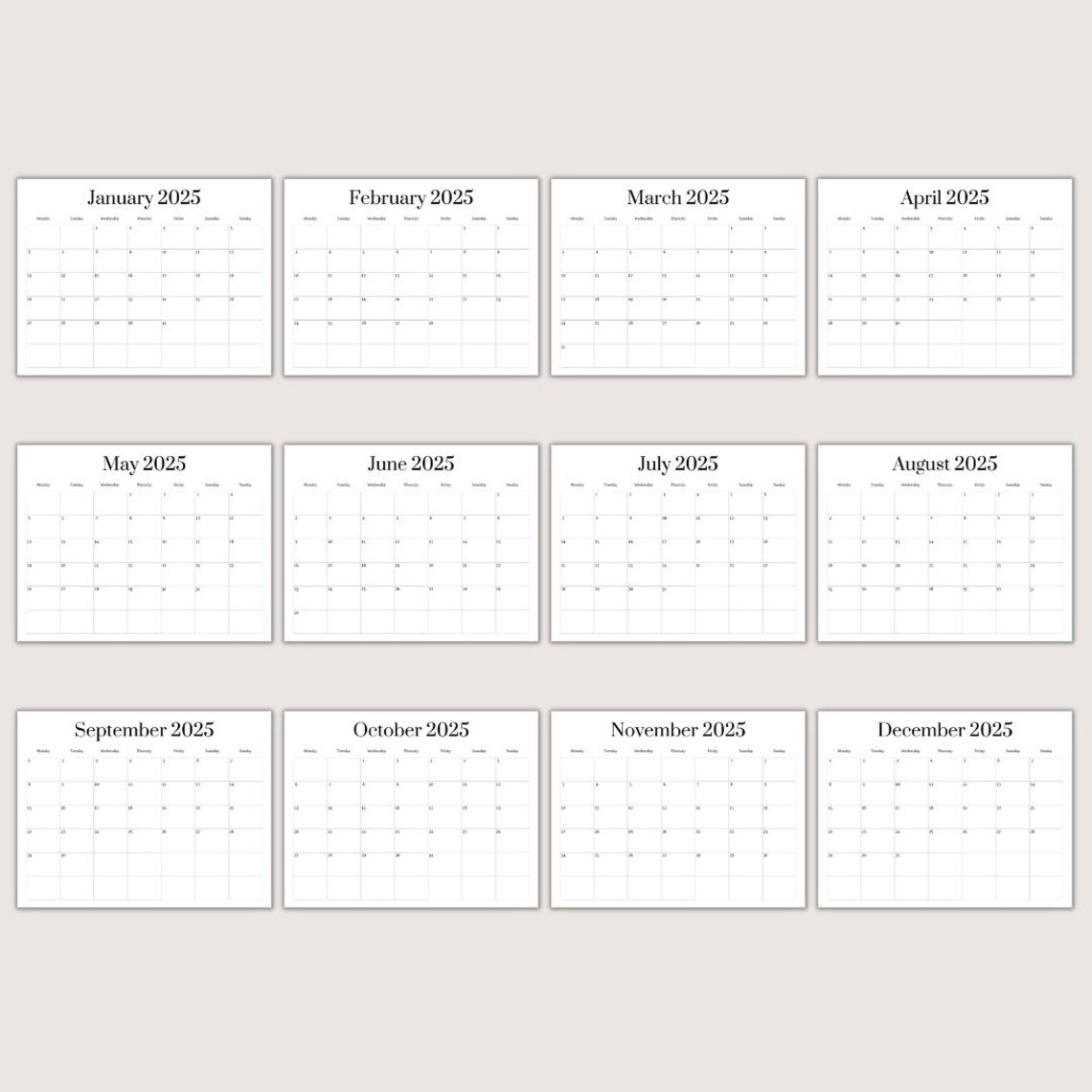 2025 and 2026 Blank Monthly Calendar Bundle | Simple Font Calendar ...