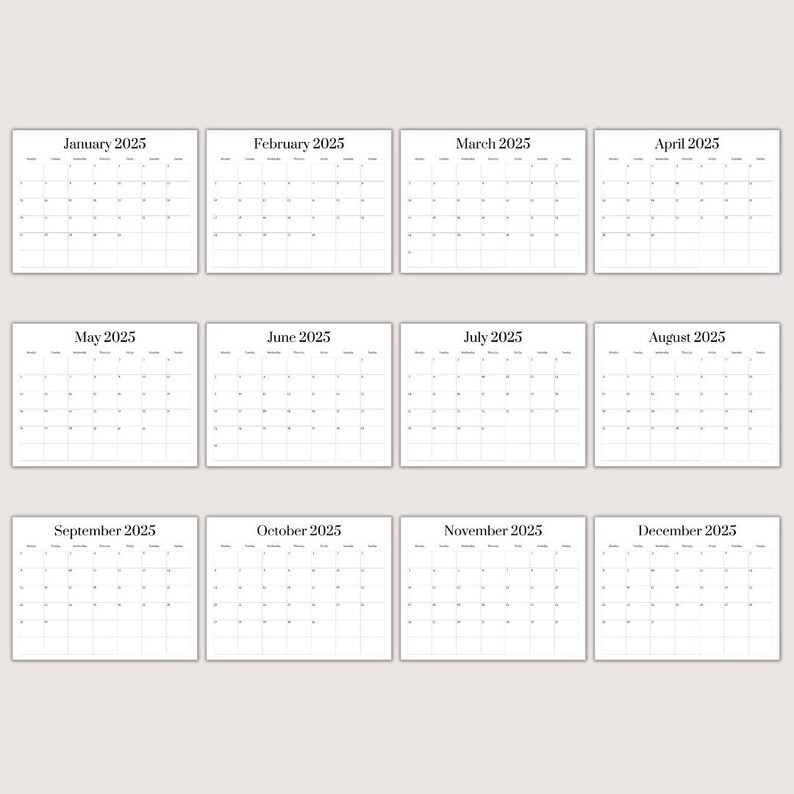 2025 and 2026 Blank Monthly Calendar Bundle | Simple Font Calendar ...