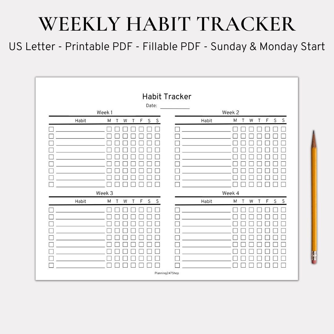 Weekly Habit Tracker | Fillable Habit Tracker | Habit Tracker Printable ...