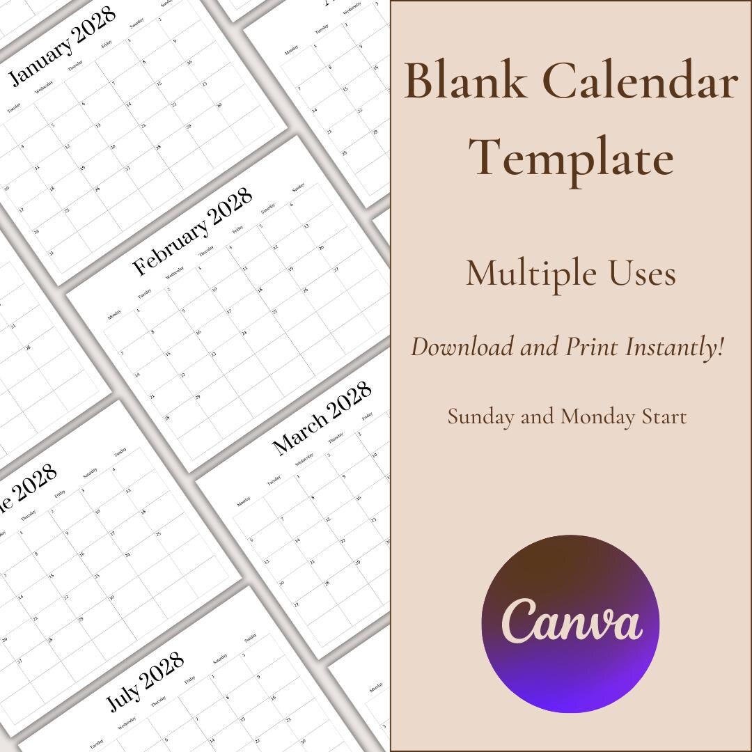 Blank Calendar Template | 2028 Calendar | Printable Blank Monthly ...