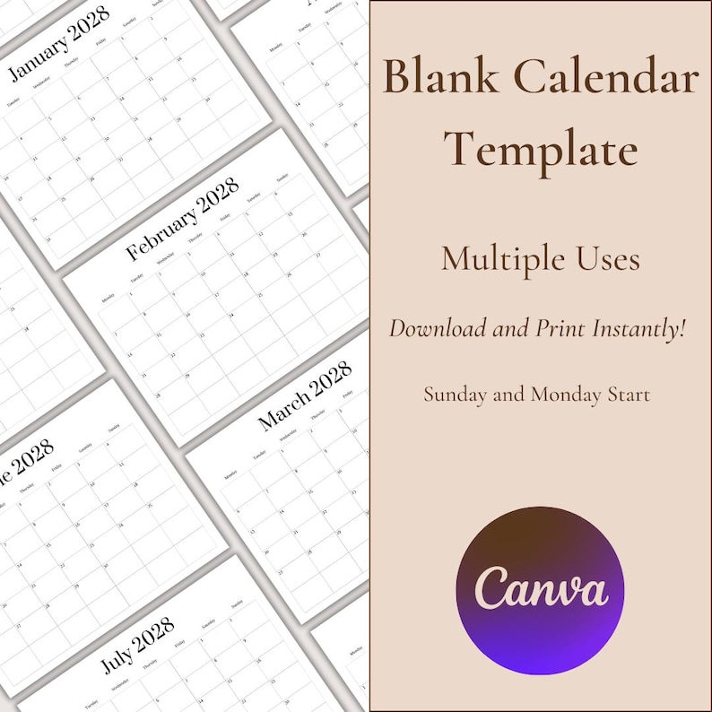 Blank Calendar Template | 2028 Calendar | Printable Blank Monthly ...