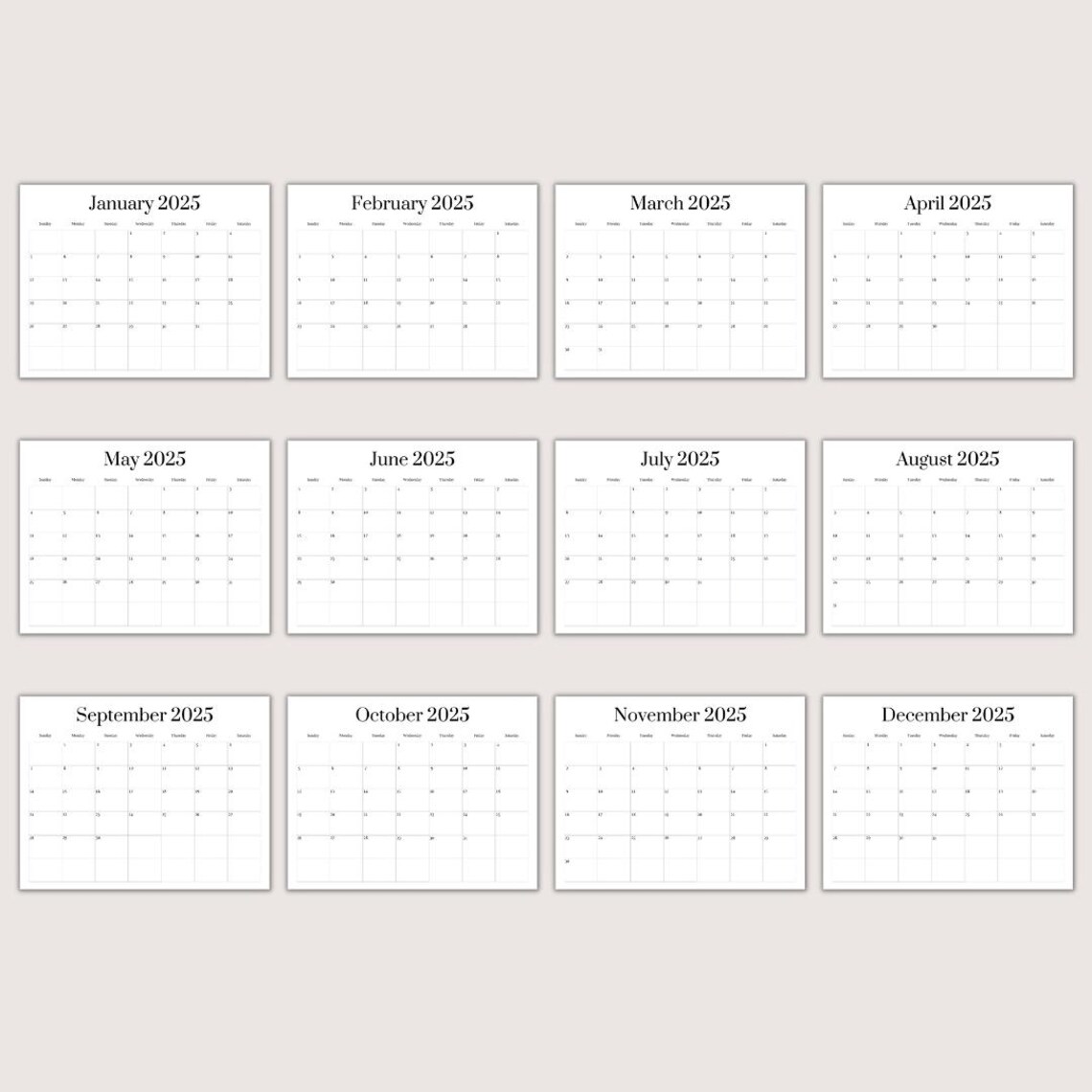 2025 and 2026 Blank Monthly Calendar Bundle | Simple Font Calendar ...