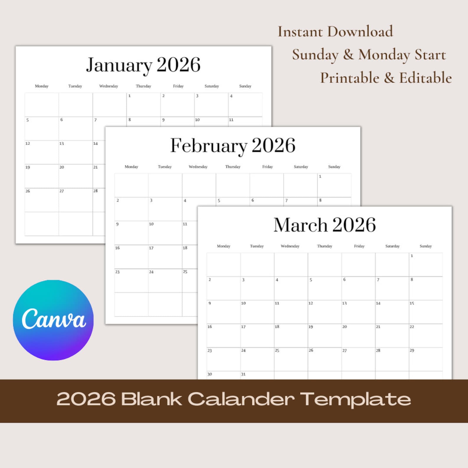 2026 Blank Calendar Template | Blank Calendar | Printable Blank ...