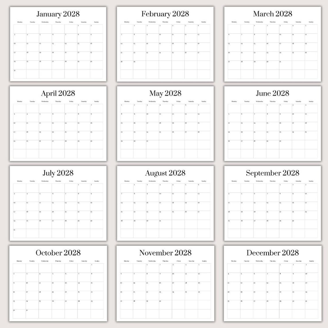 Blank Calendar Template | 2028 Calendar | Printable Blank Monthly ...