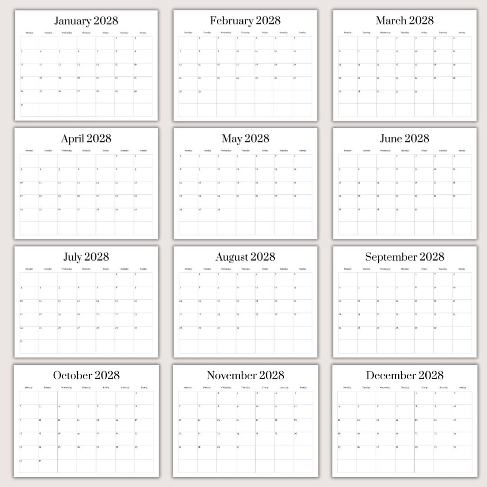 Blank Calendar Template | 2028 Calendar | Printable Blank Monthly ...