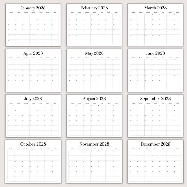 Blank Calendar Template | 2028 Calendar | Printable Blank Monthly ...