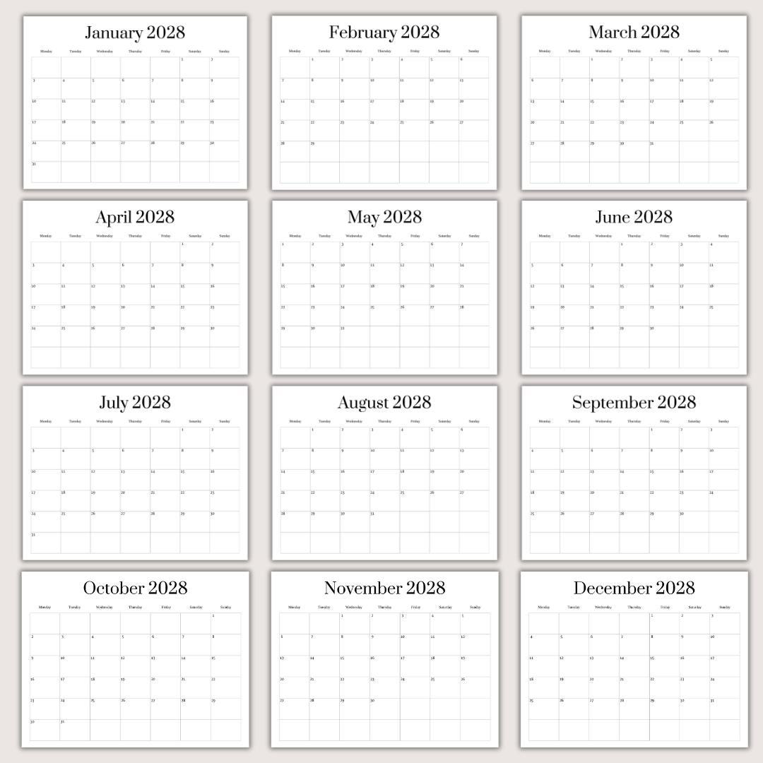 Blank Calendar Template | 2028 Calendar | Printable Blank Monthly ...