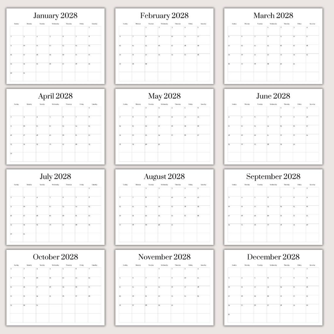 Blank Calendar Template | 2028 Calendar | Printable Blank Monthly ...