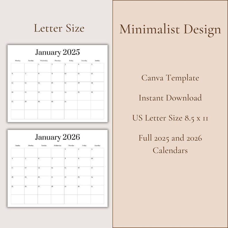 2025 and 2026 Blank Monthly Calendar Bundle | Simple Font Calendar ...