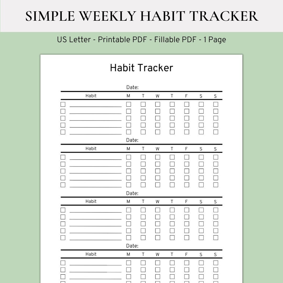 Simple Weekly Habit Tracker | Fillable Habit Tracker | Vertical Habit ...