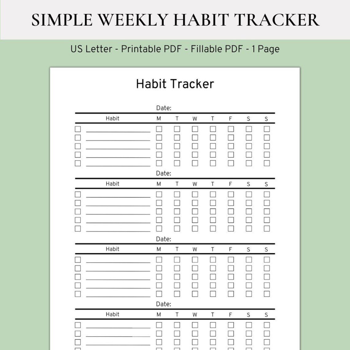 Simple Weekly Habit Tracker Fillable Habit Tracker Vertical Habit ...