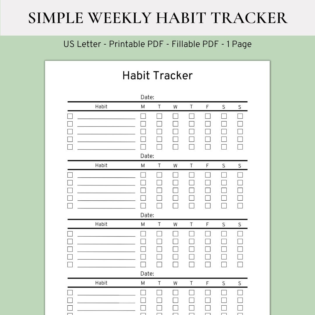 Simple Weekly Habit Tracker | Fillable Habit Tracker | Vertical Habit ...