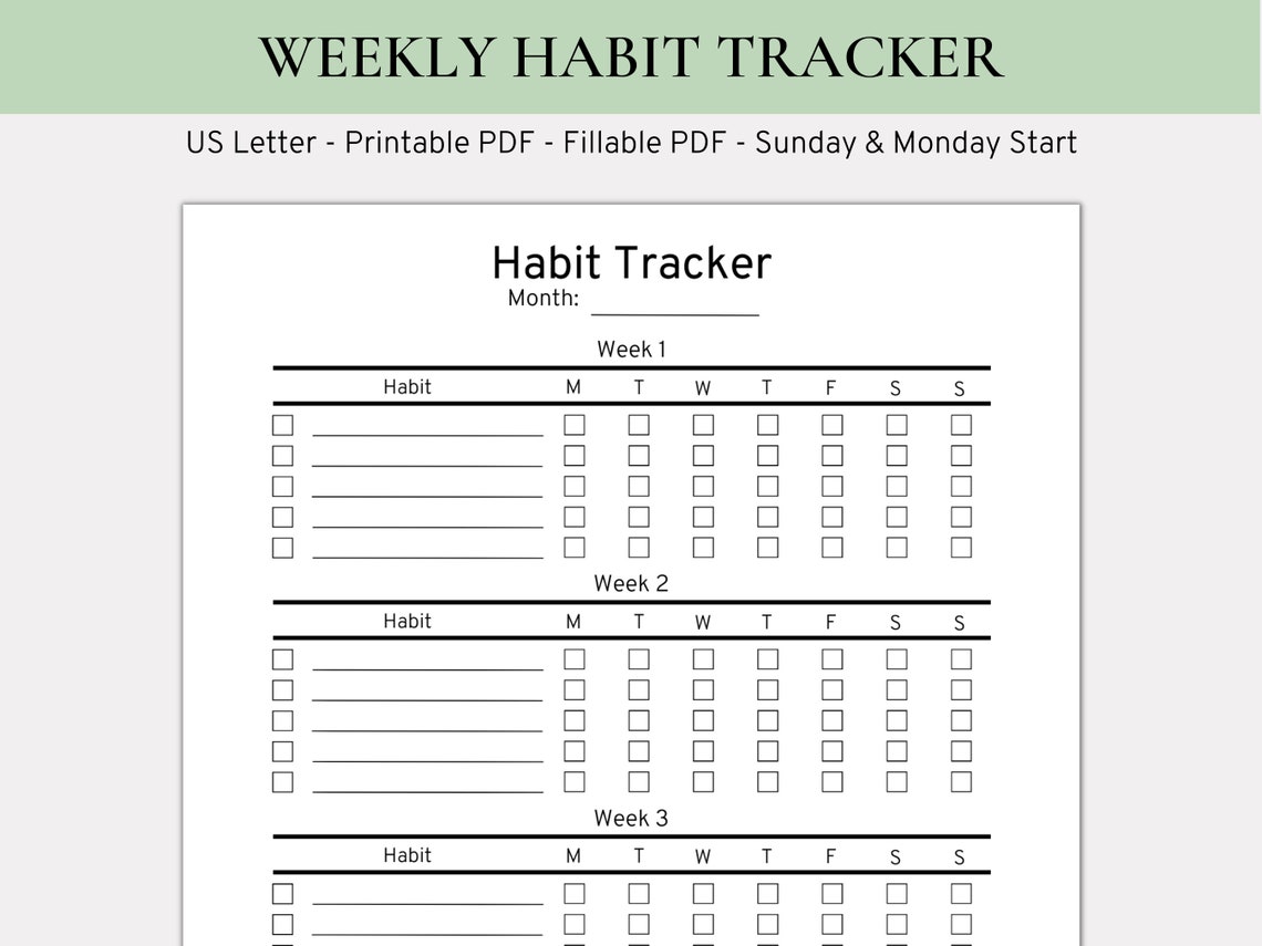 Weekly Habit Tracker Habit Tracker Printable Fillable - Etsy