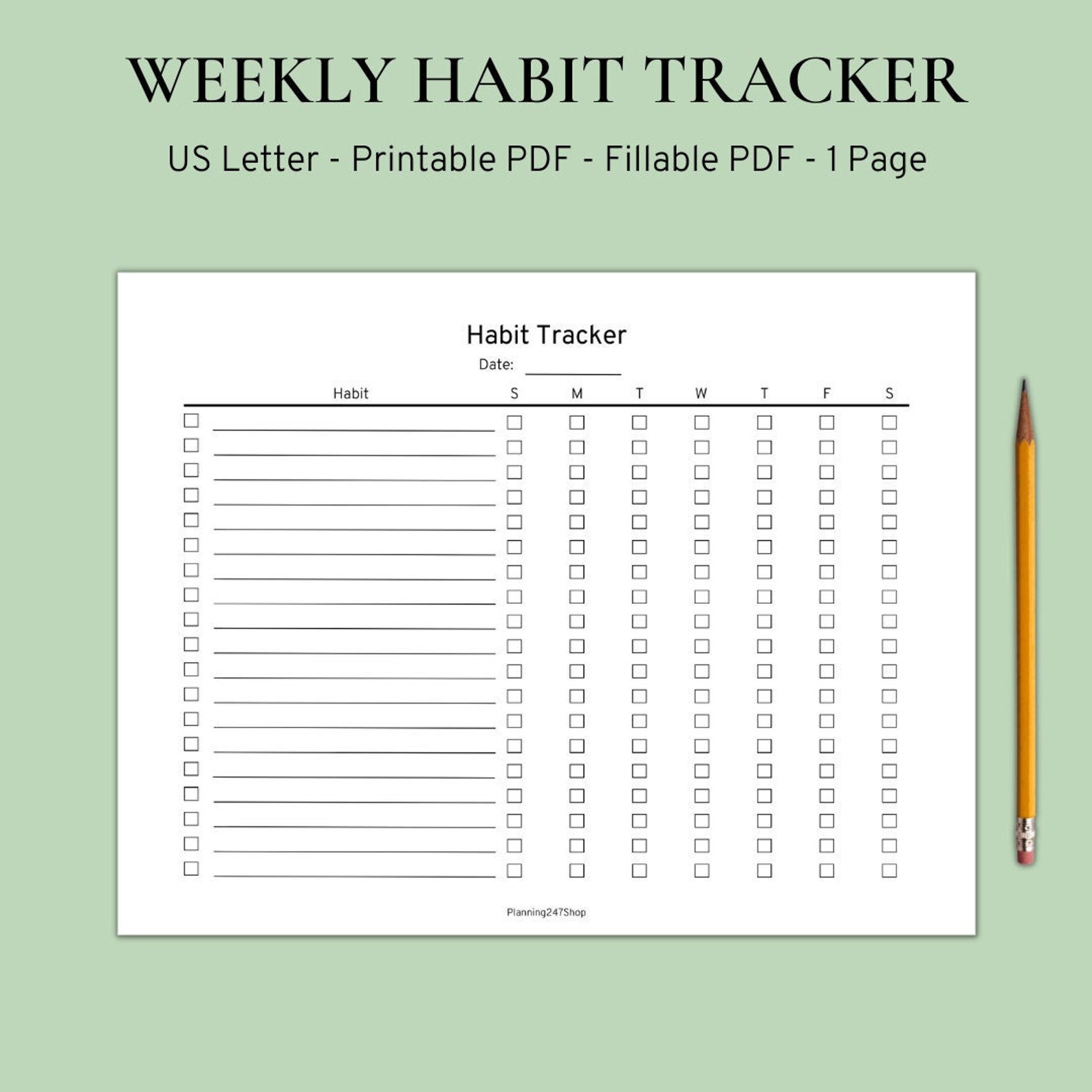 Weekly Habit Tracker Horizontal Habit Tracker Goal Tracker 7 Day Habit ...