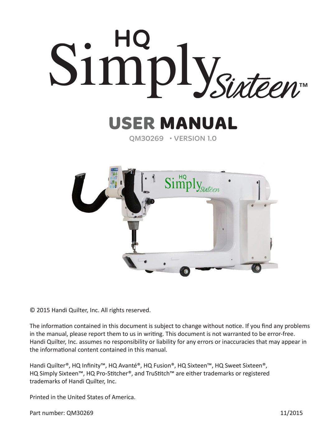 Handi Quilter Simply-sixteen Sewing Machine Instruction Manual - Etsy