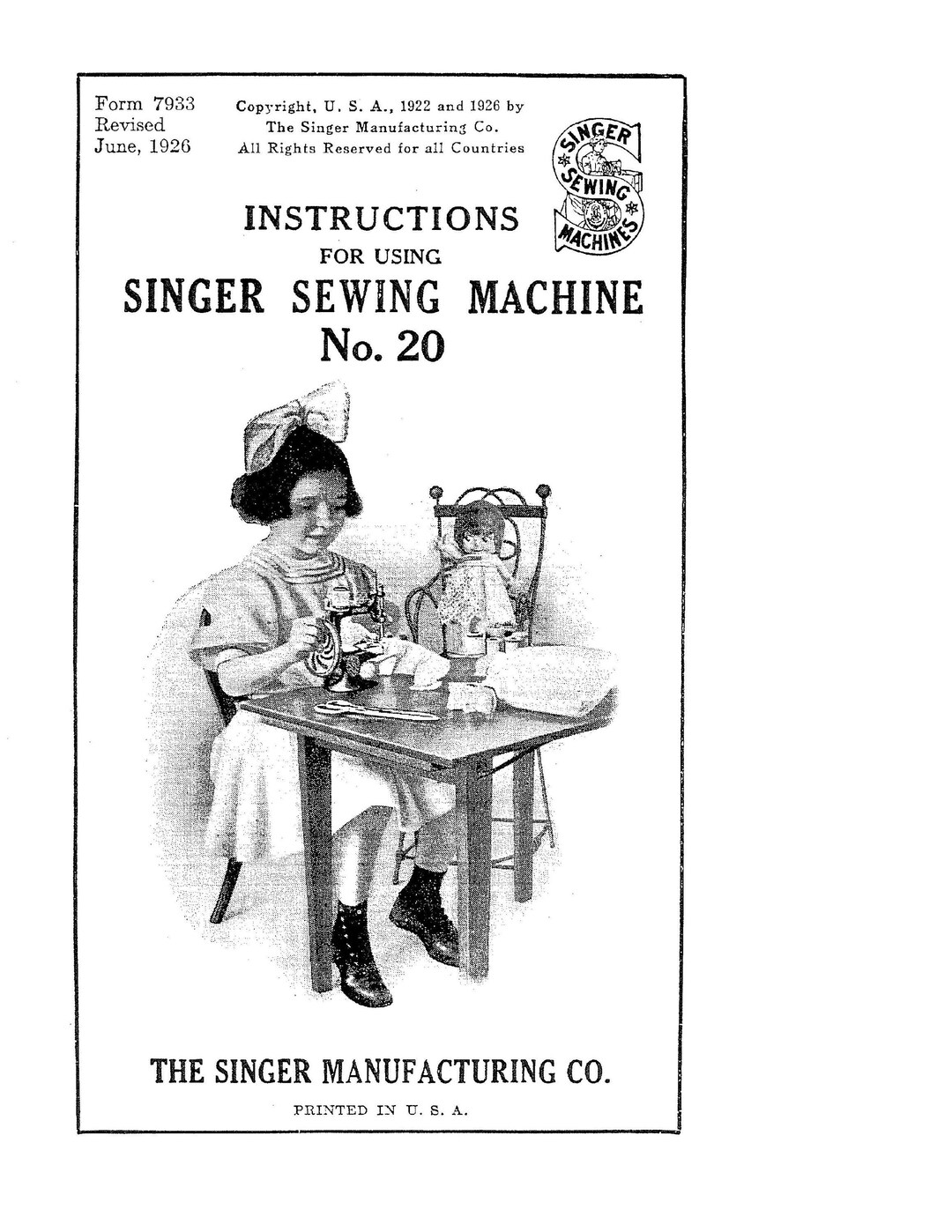 Singer Model 20 Sewing Machine Instruction Manual - User Manual ...