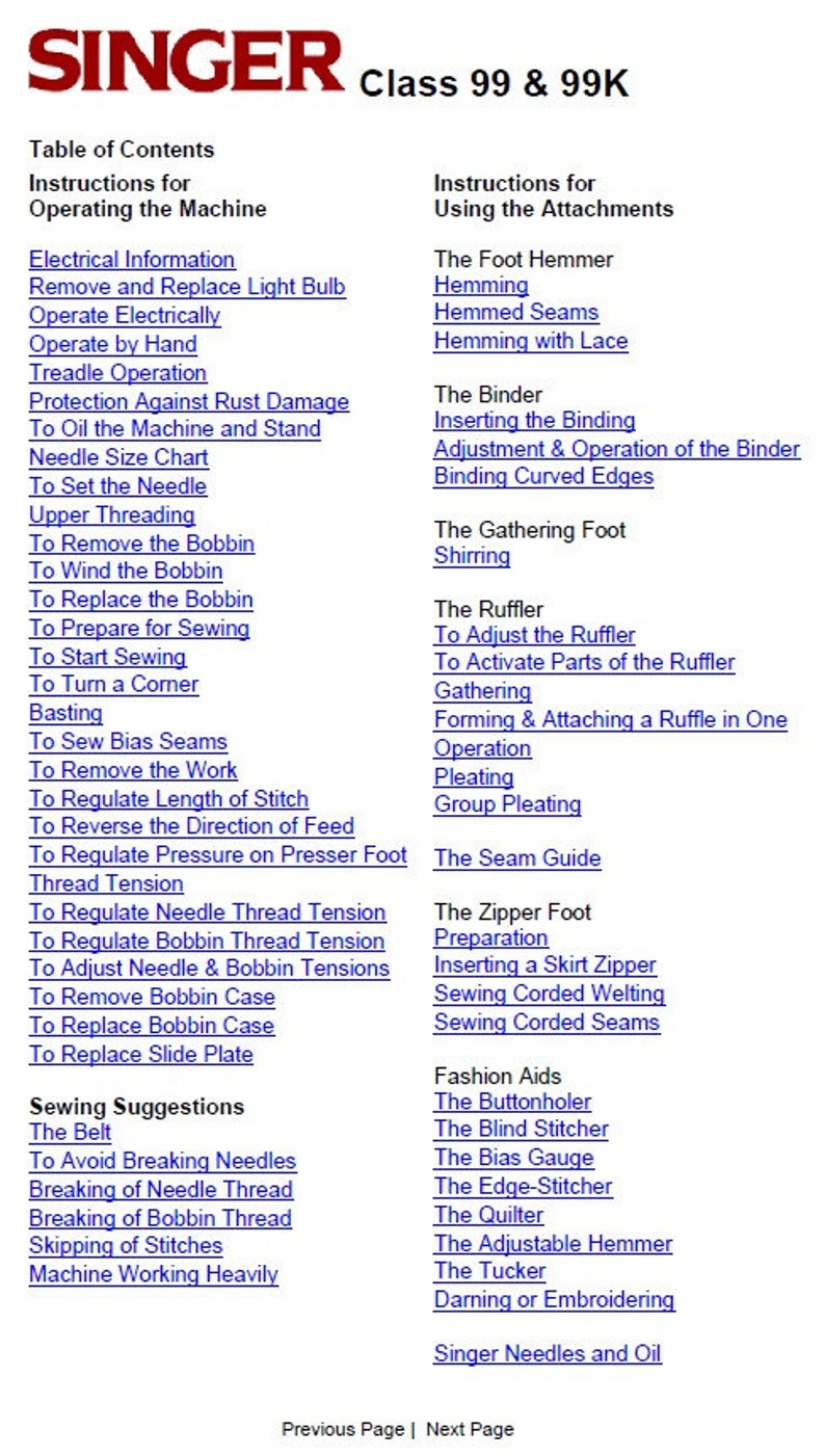 Singer 99 & 99K Sewing Machine Instruction Manual (PDF) - Etsy